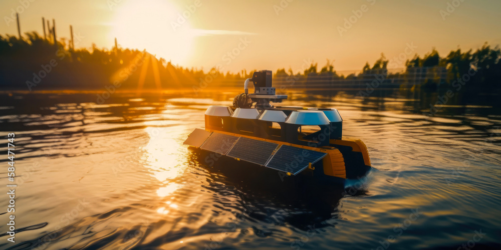 Eco-Friendly River Cleanup. International Water Day concept. Robotic ...