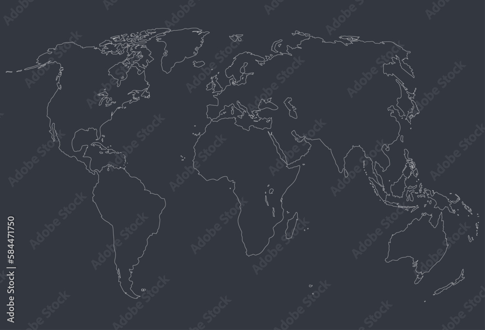 World map. Hand drawn simple stylized continents silhouette in minimal ...