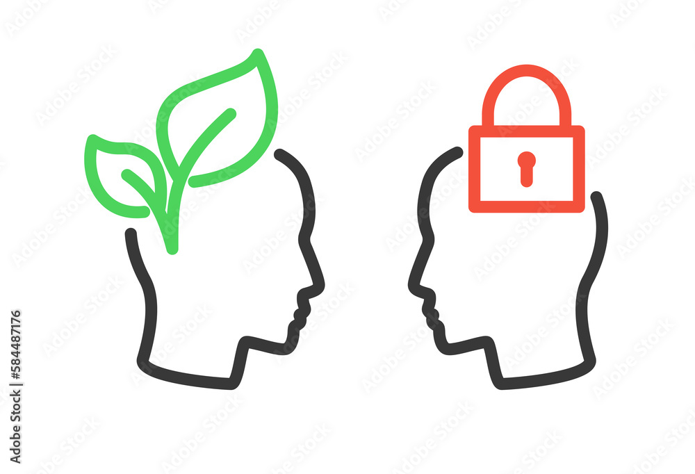 Growth mindset vs fixed mindset line icons. Clipart image isolated on ...