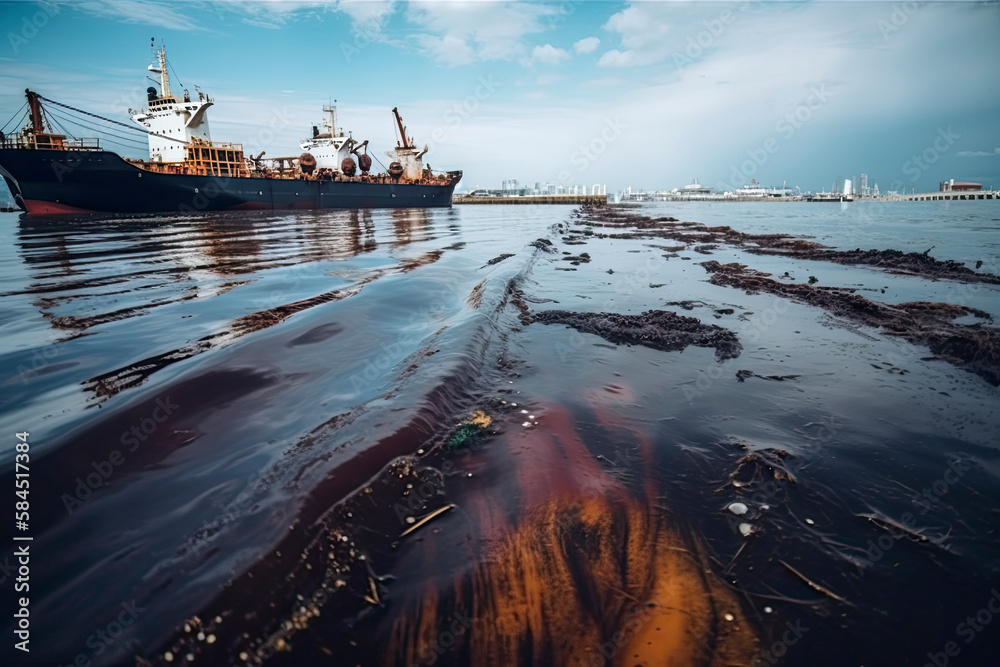 Oil leak from Ship , Oil spill pollution polluted water surface water ...