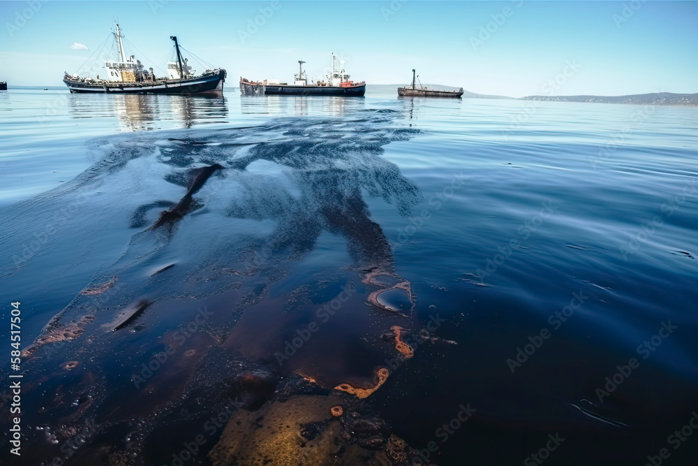 Oil leak from Ship , Oil spill pollution polluted water surface water ...