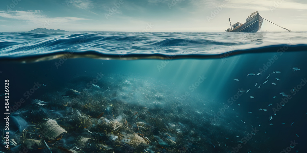 beautiful ocean with plastic waste floating on the surface ...