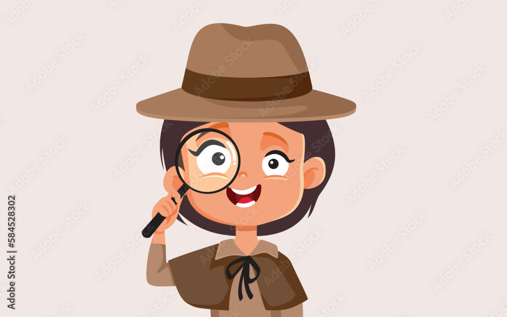 Detective Little Girl Holding a Magnifying Glass Toot Vector Cartoon ...