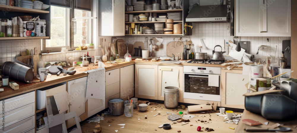 A very messy and dirty kitchen that needs cleaning. An absolute untidy ...