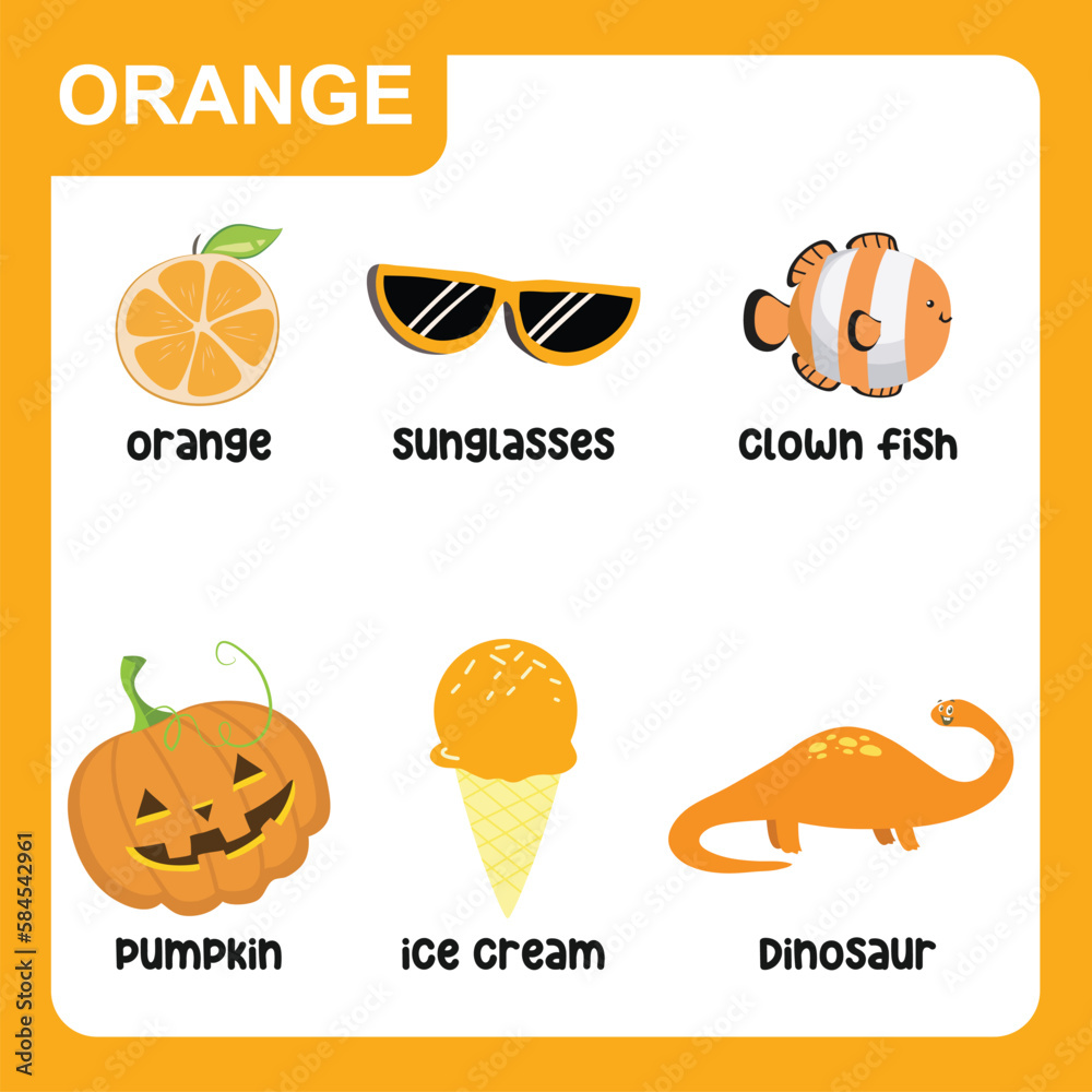 Set of orange color objects. Primary colours flashcard with orange ...