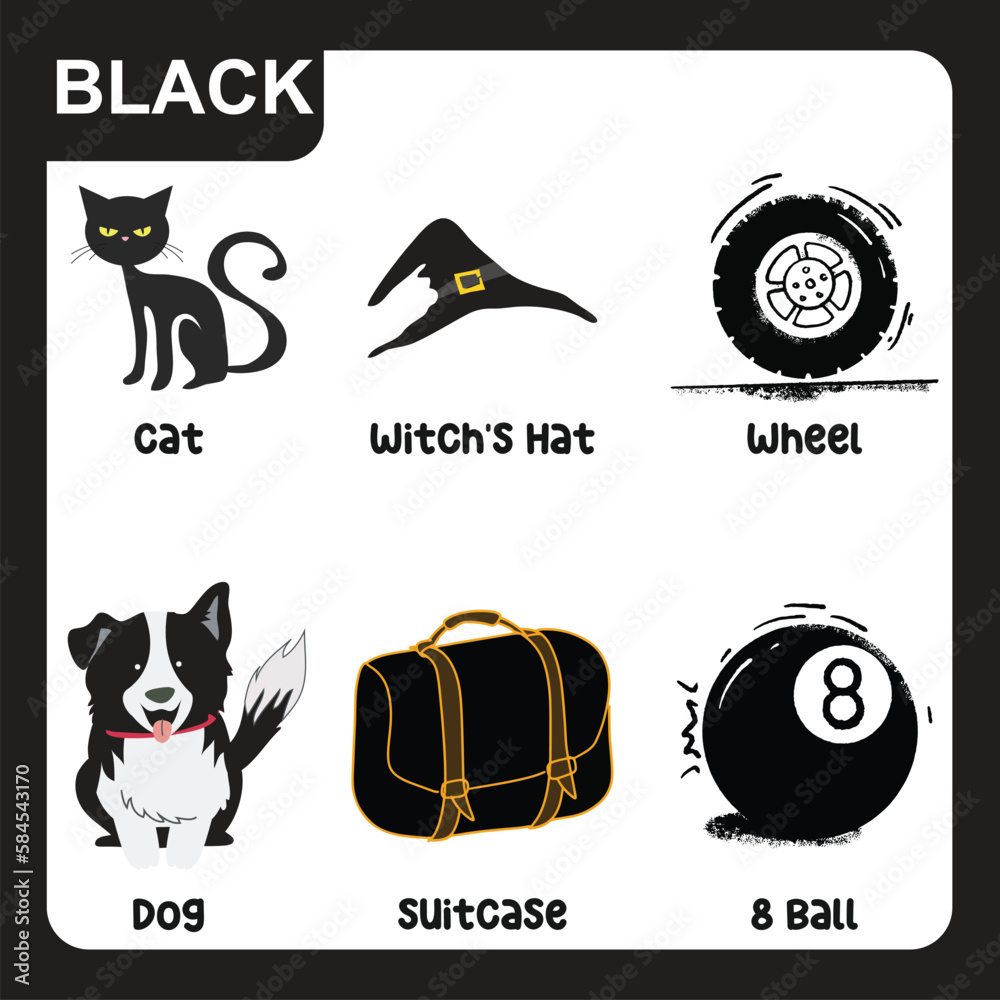 Set of black color objects. Primary colours flashcard with black ...