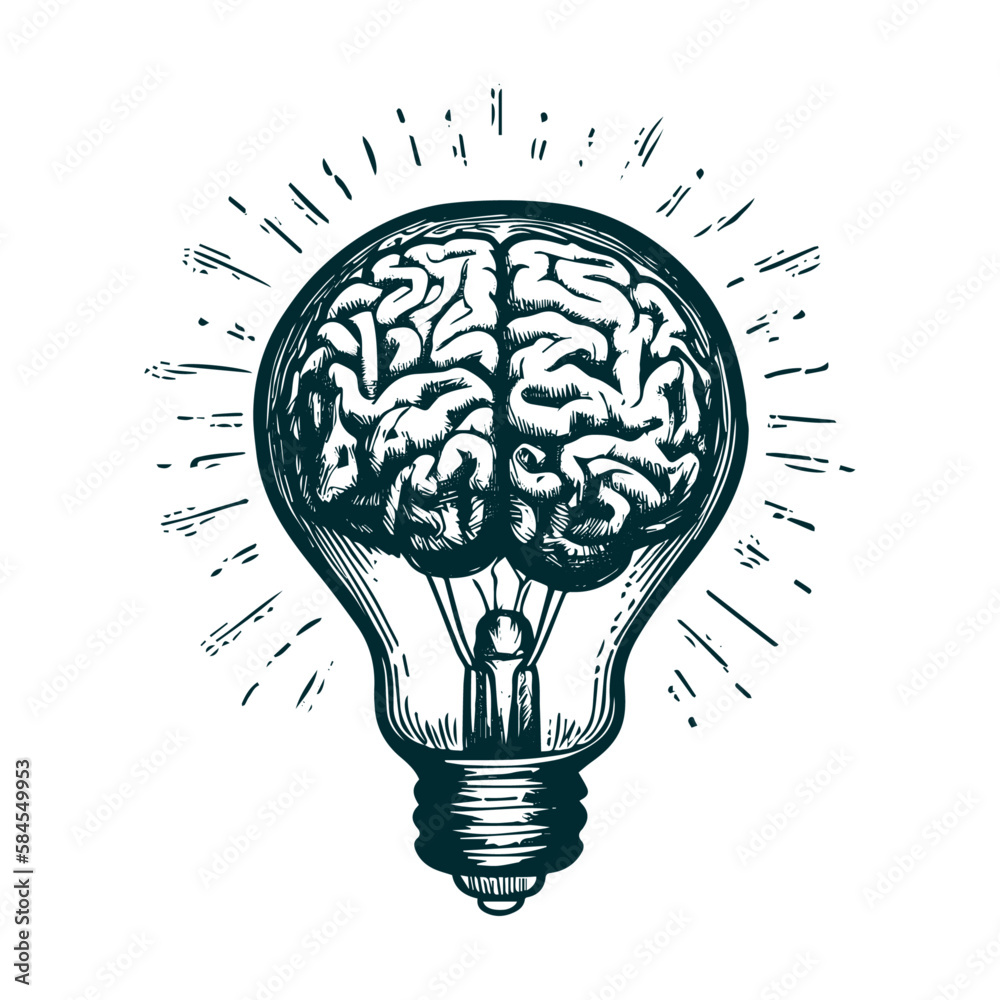Vetor Light bulb with brain inside sketch vector, creative illustration ...