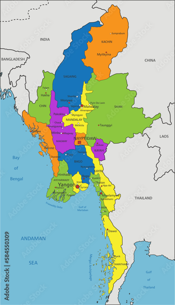 Colorful Myanmar political map with clearly labeled, separated layers ...