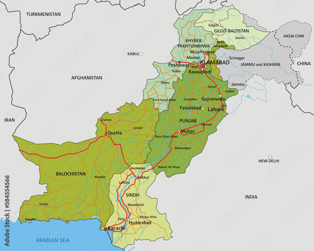 Highly detailed editable political map with separated layers. Pakistan ...