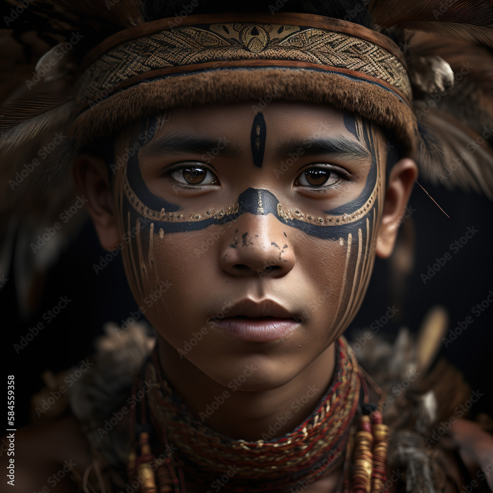 boy, innocent, portrait, full face, detailed ornaments, dayak tribe ...