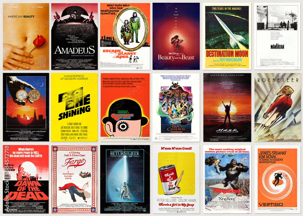 Retro movie poster and cinema advertising collection Stock Photo ...