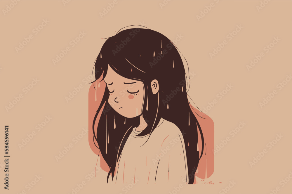 Sad girl. Woman crying. Vector art of depressed person. Hand drawn sketch of cartoon character ...