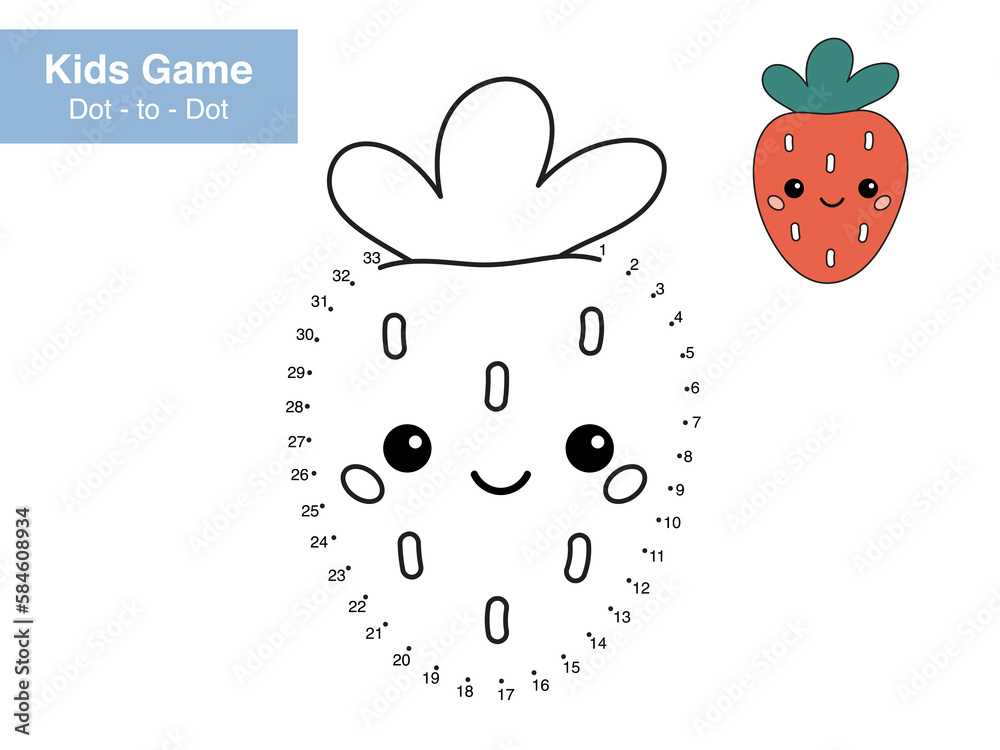 Number puzzle game. Dot to dot. Cute kawaii strawberry. Healthy food ...