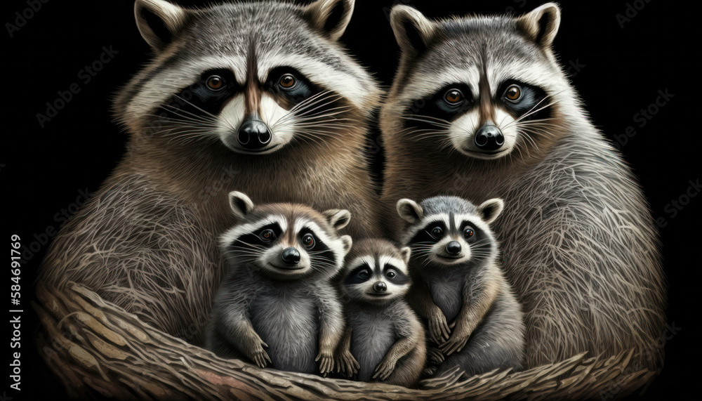 Illustration of raccoon family portrait created with Generative AI ...