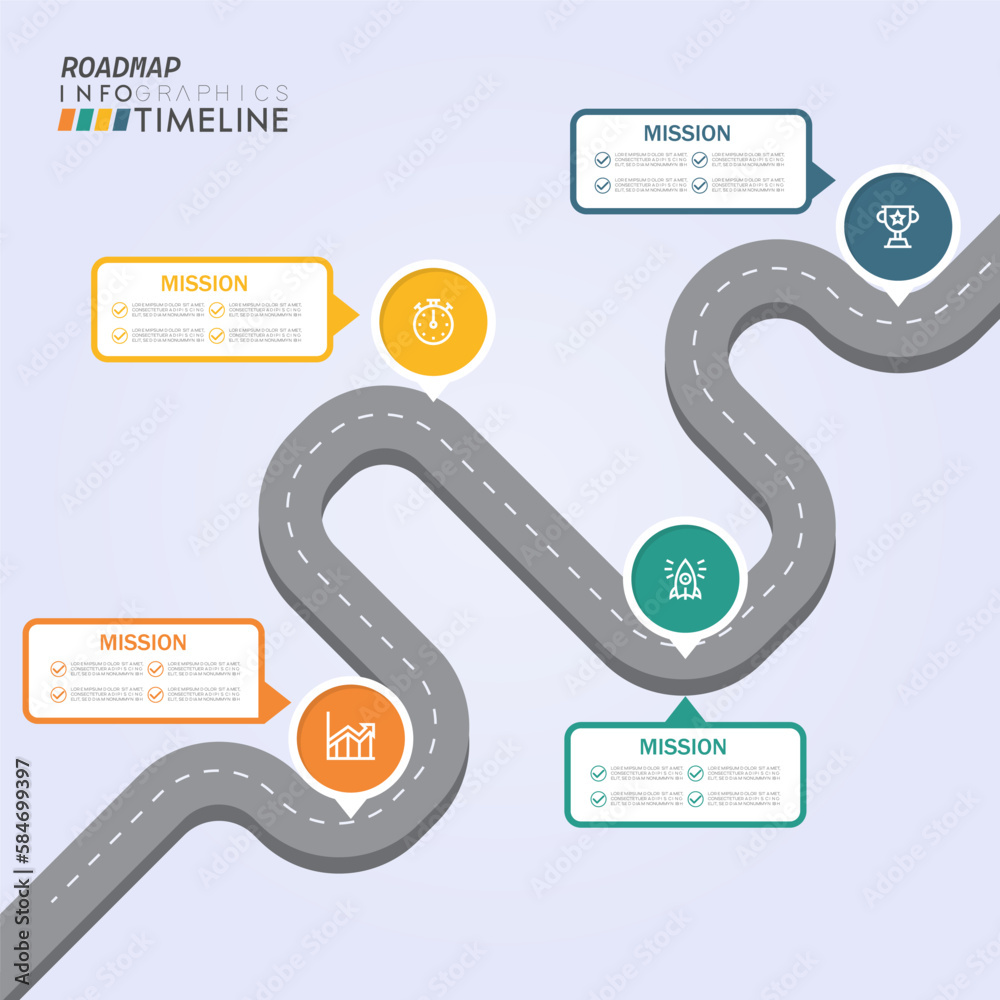 Vector de Stock Road map infographic 4 steps timeline concept. Winding ...