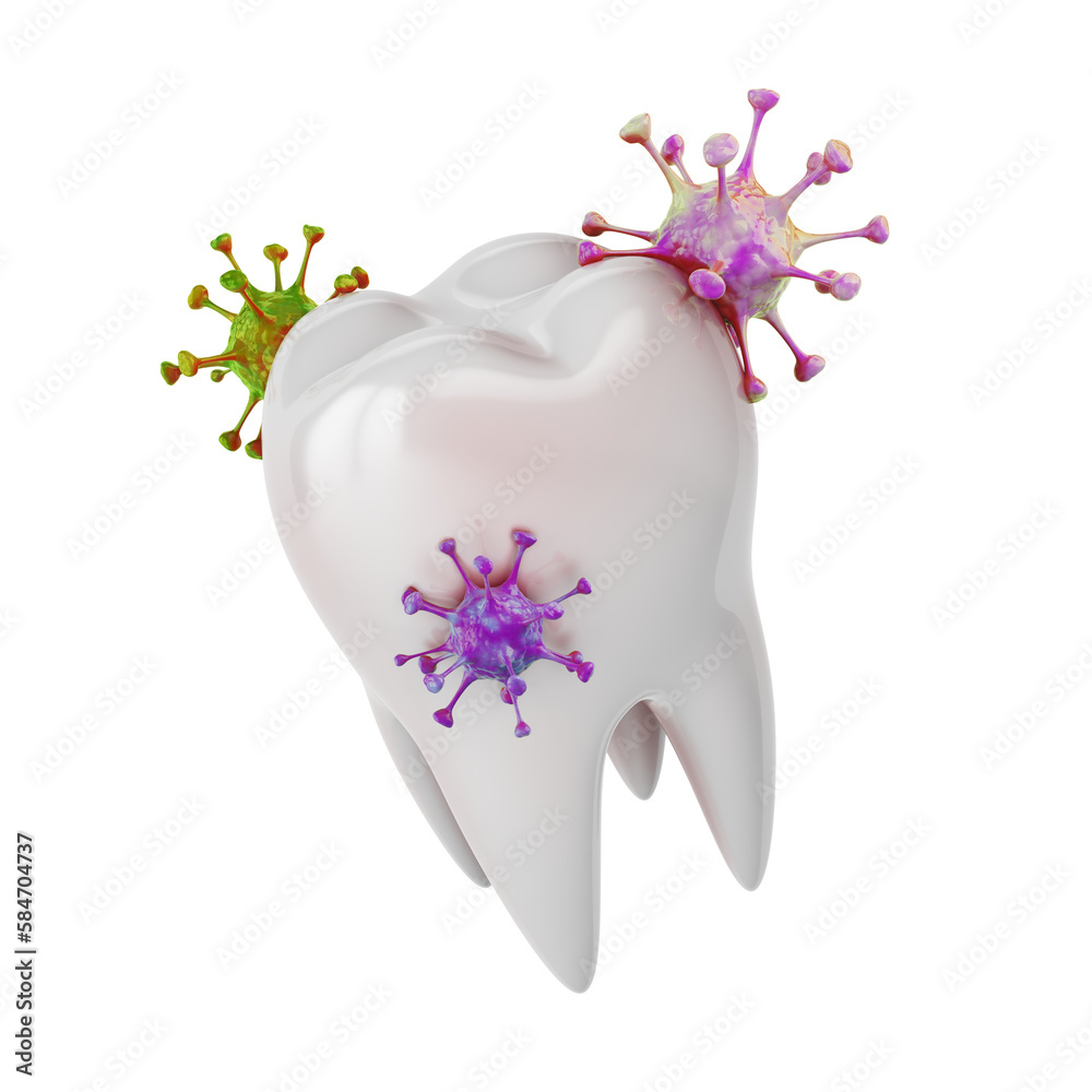 White tooth 3D Model with Virus, germs, fungi, bacteria object. Stain ...