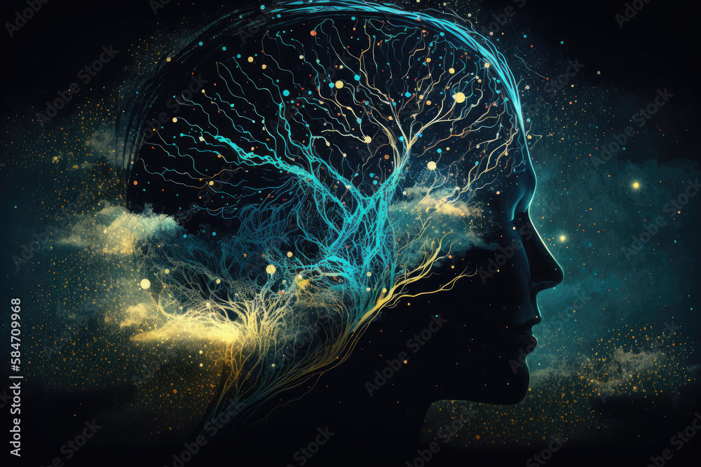 Meditation concept with human head silhouette glowing esoteric neurons ...