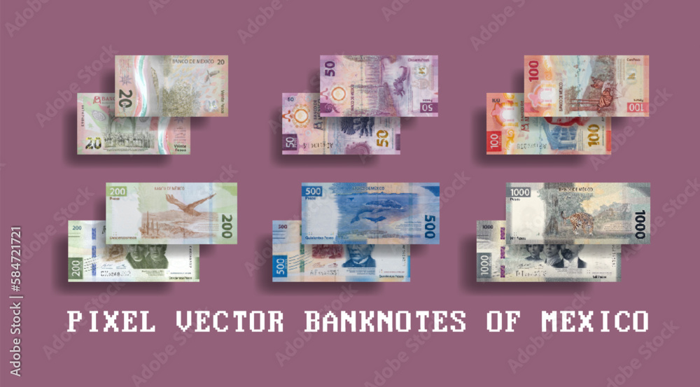 Vector set of pixelated mosaic banknotes of Mexico. Notes in ...