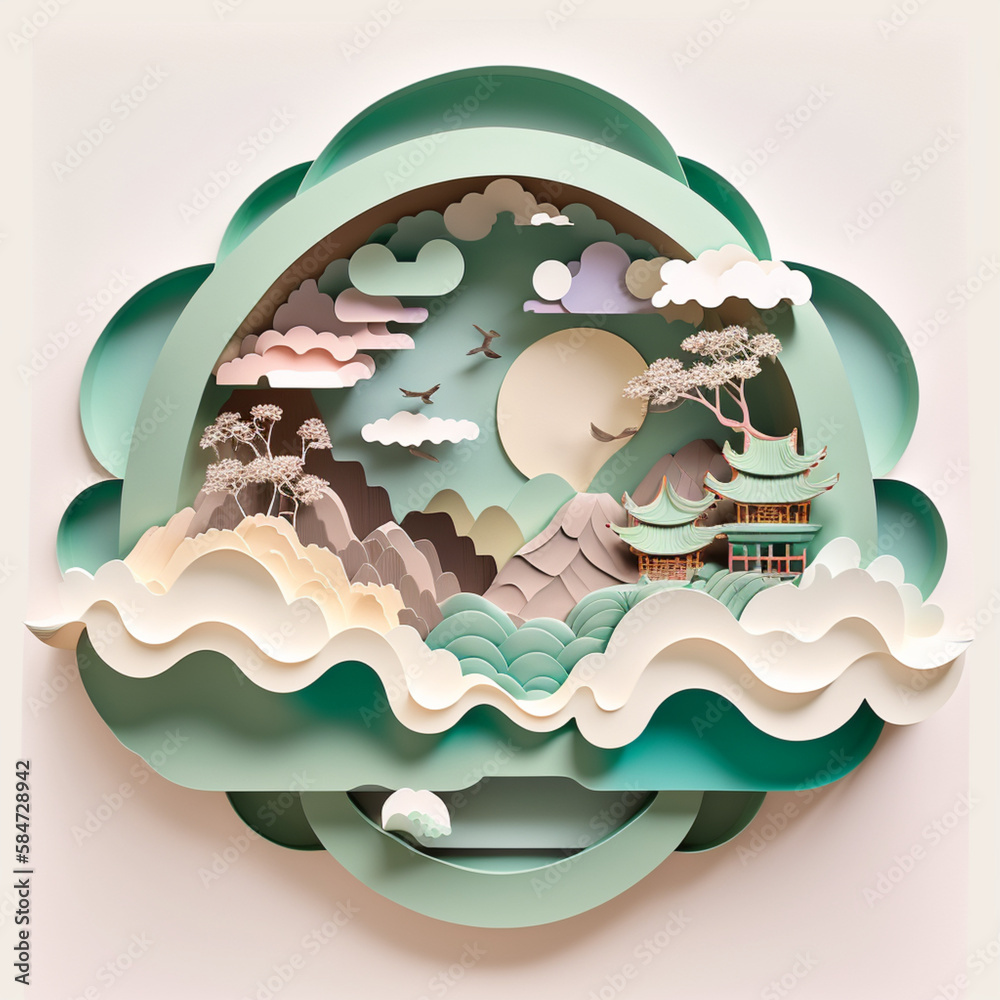 Ethereal Kirigami Dojo - 3D paper dojo, pastel, intricate clouds ...