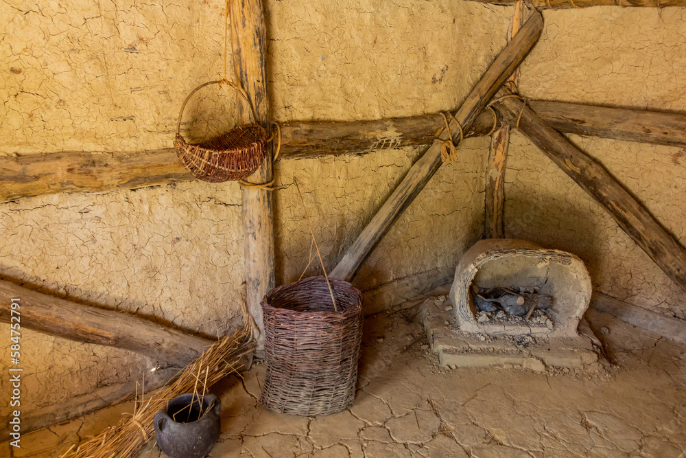 House at Bay of Bones, prehistoric pile-dwelling, recreation of a ...