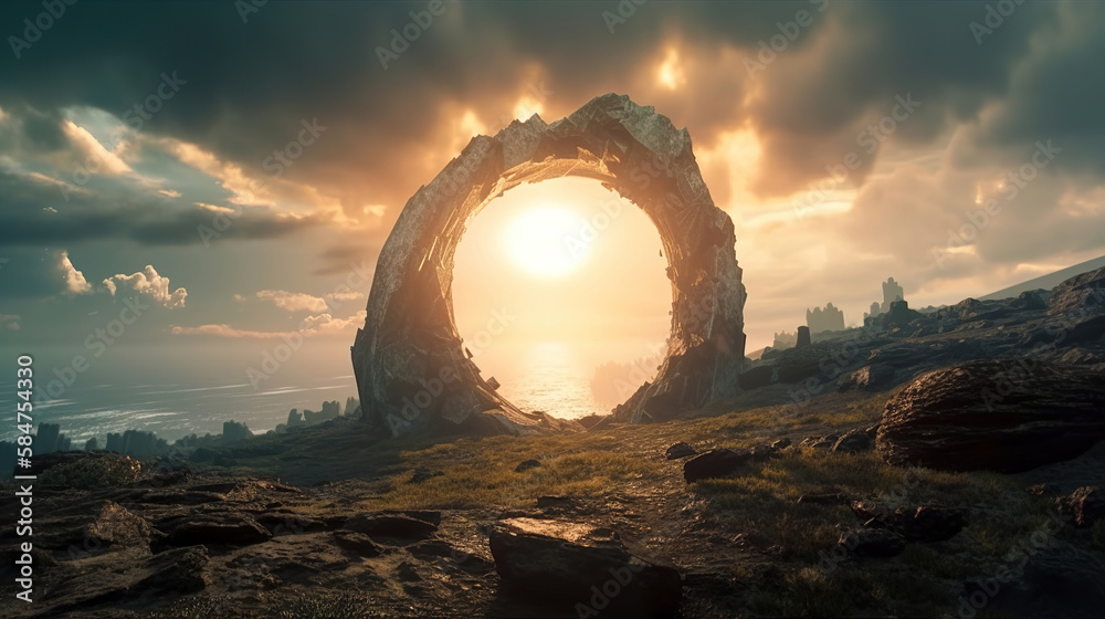 fantasy alien stone stargate portal on an alien planet, sci-fi ...