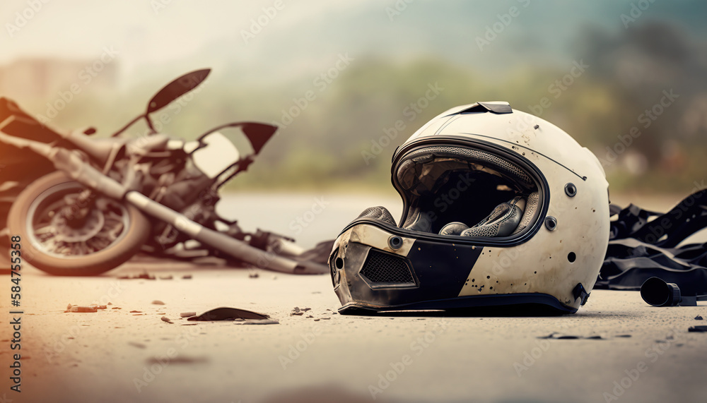 Motorcycle crash road accident with broken motorbike and helmet. City ...