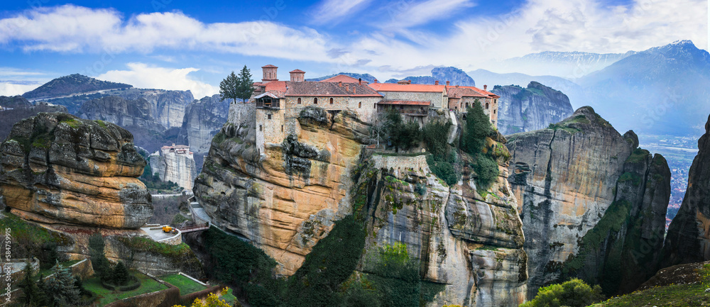 Mysterious monasteries hanging over rocks of Meteora, Greece - most ...