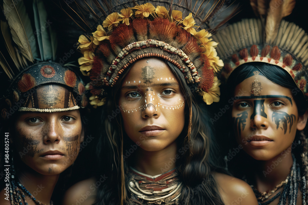 ภาพประกอบ Stock Group portrait of indigenous people from the Amazon ...