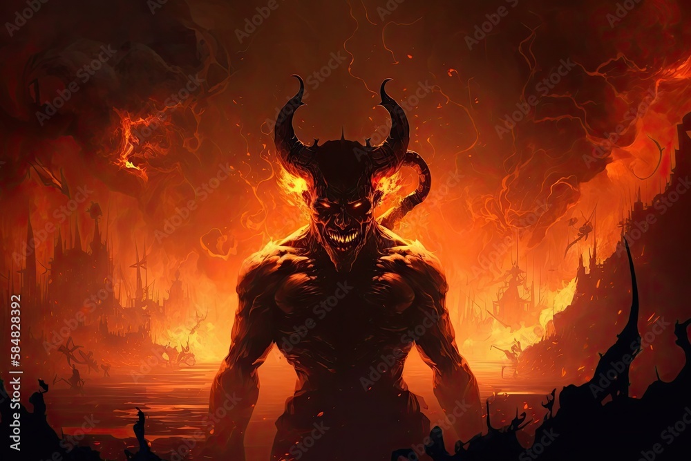 devil, surrounded by flames and smoke, with view of burning hellscape ...