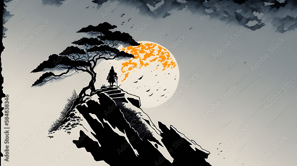 Japanese style ink sumi painting of ninja standing on cliff edge and ...