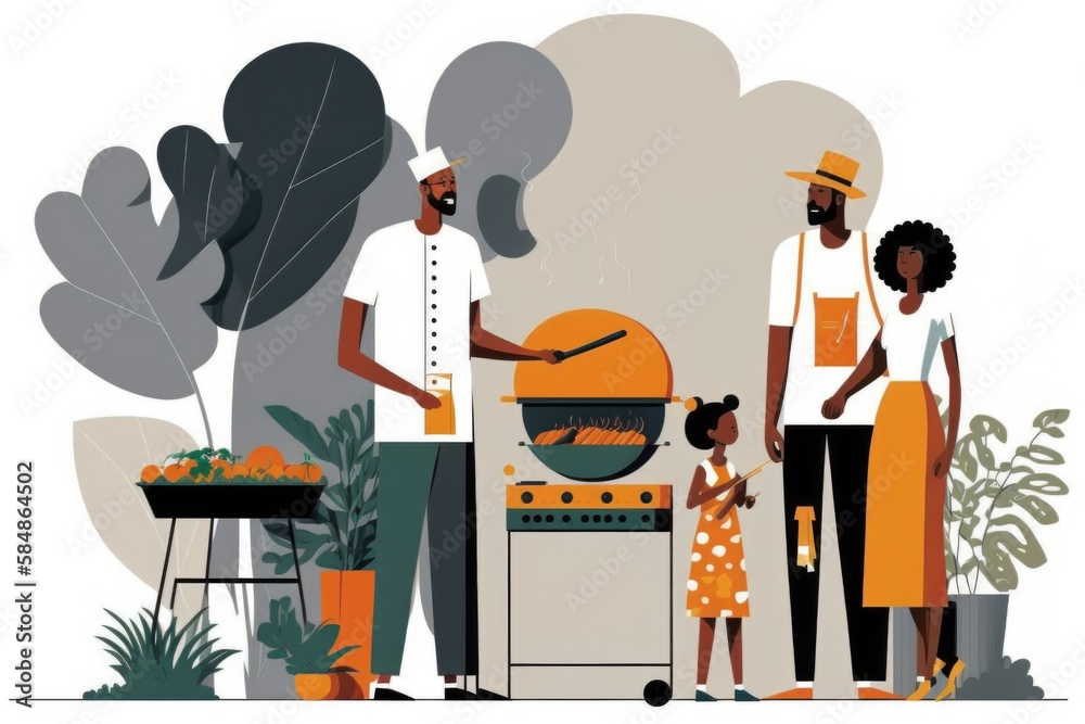 A Family Cooking On A Grill In The Garden With A Large Potted Plant ...