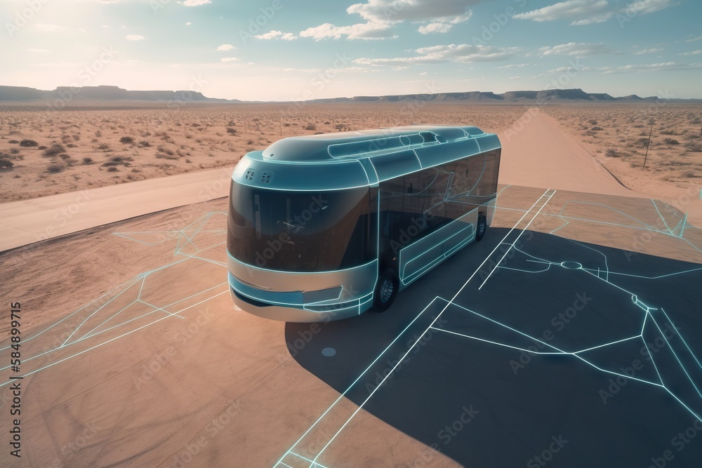 A Bus Driving On A Desert Road With A Sky Background And A Line Of ...