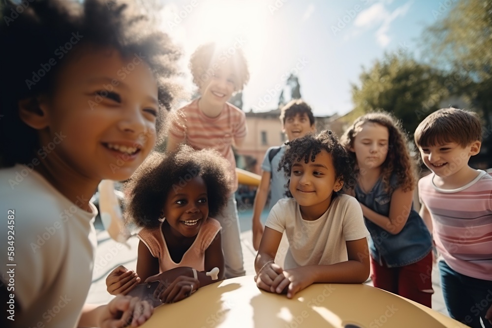 Ilustración de Stock A Group Of Children Standing Around A Yellow ...