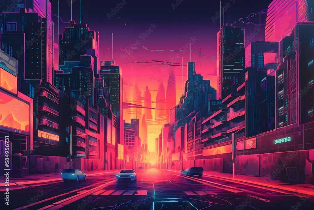 Beautiful Cyberpunk Cityscape with a sunset, Glitchy Animation style ...