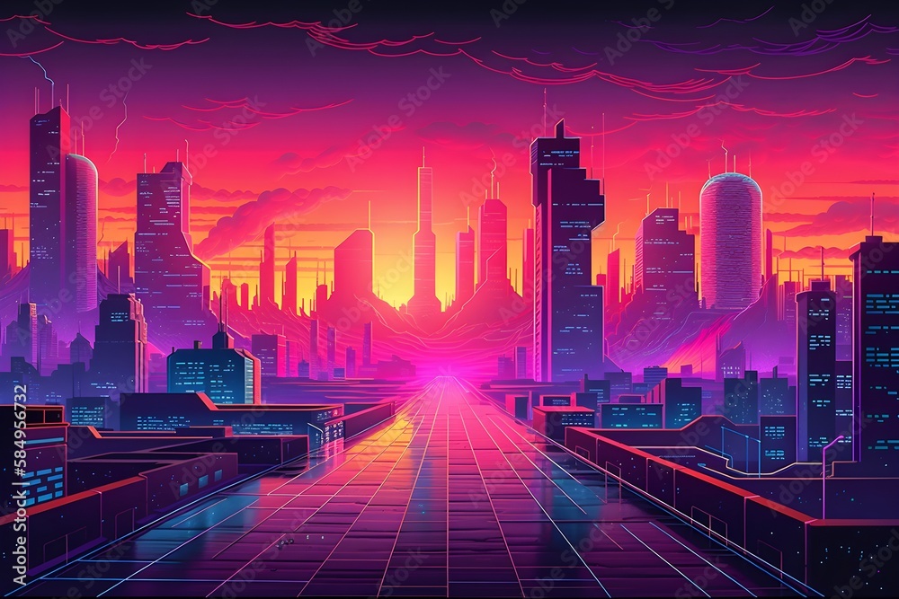 Beautiful Cyberpunk Cityscape with a sunset, Glitchy Animation style ...