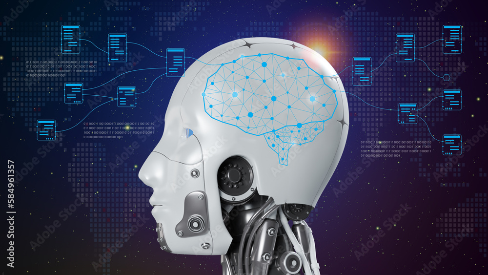 Robot head with glowing brain on future virtual background. AI ...