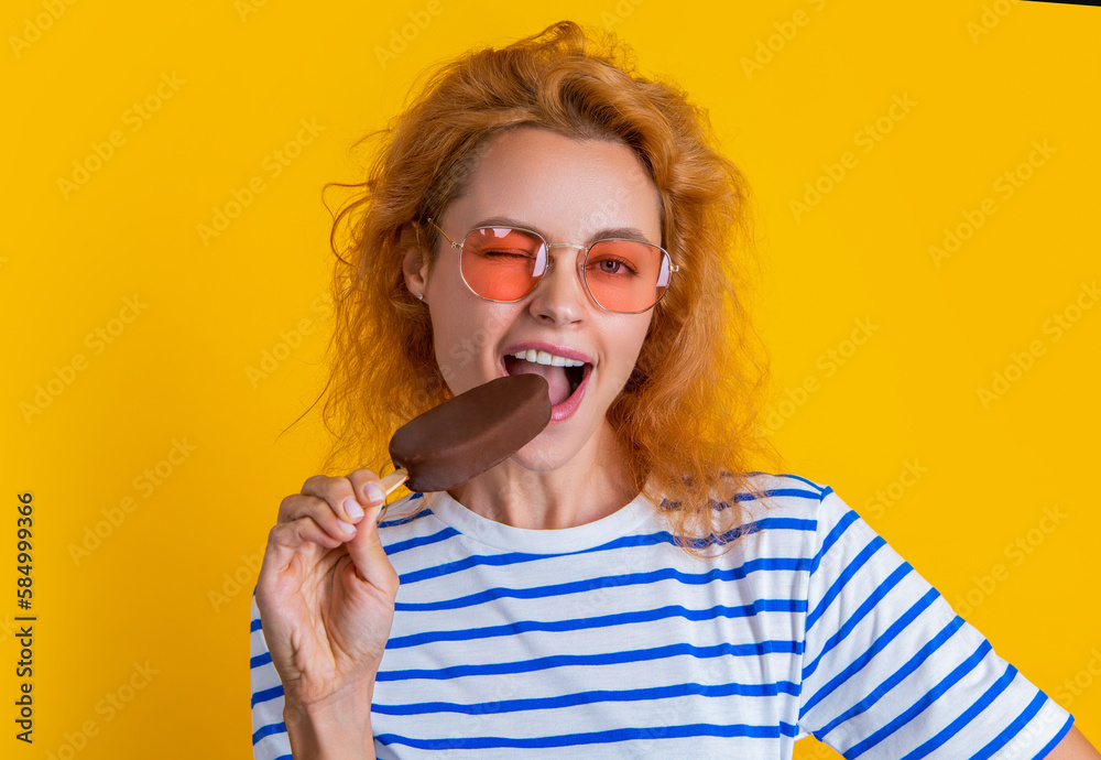 girl eating icelolly ice cream on background. photo of girl with ...