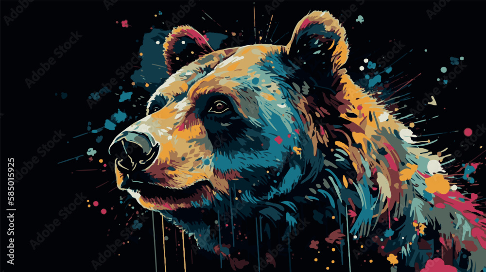 Colorful painting of bear. Vector graphic art of multicolored grizzly. Artwork poster of ...