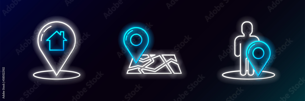Set line Map marker with a silhouette of a person, pointer house and Folded map location icon ...