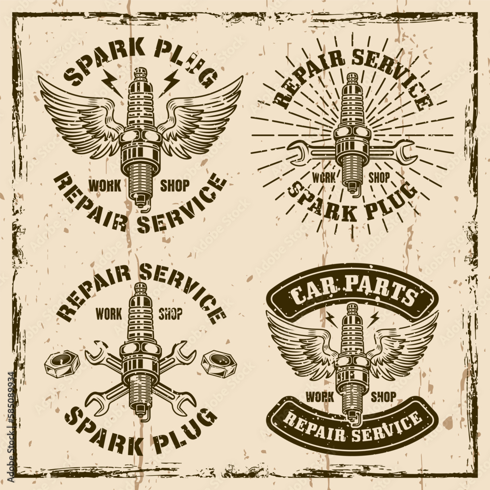 Spark plug with wings, car repair service set of four vector emblems ...