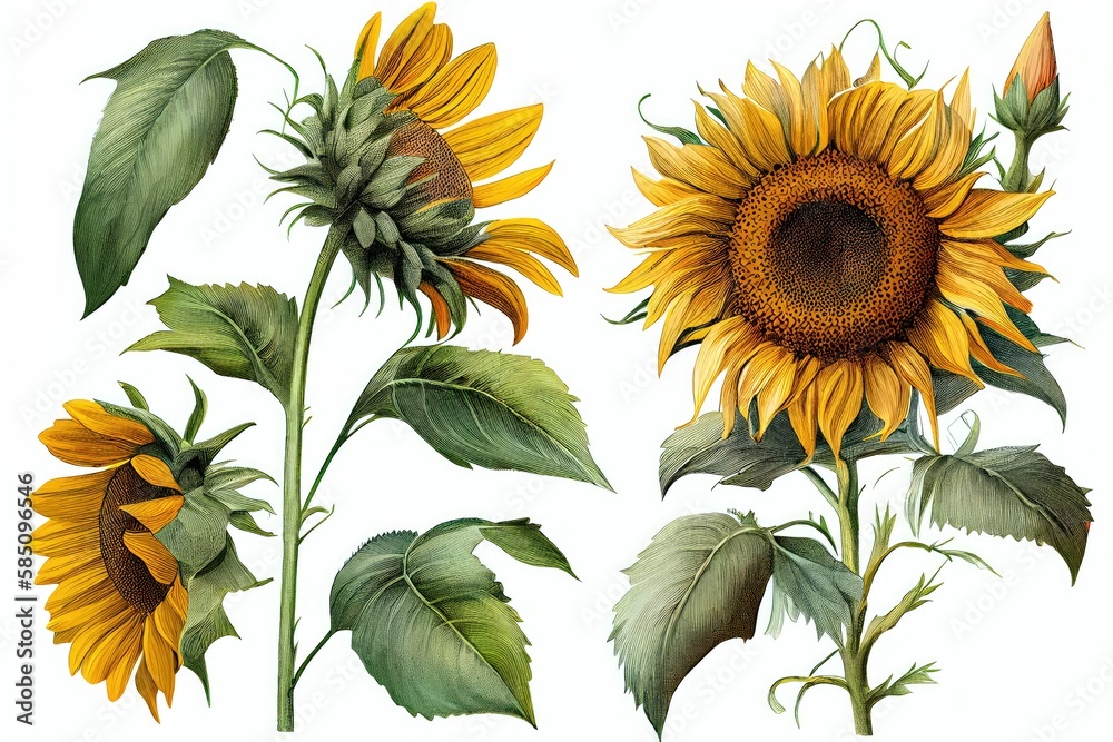 Sunflower Botanical Illustration, Sun Flowers Isolated, Sunflowers ...