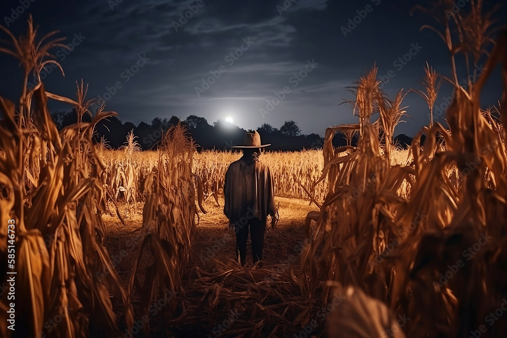 scarecrow in autumn corn field at night Stock Illustration | Adobe Stock