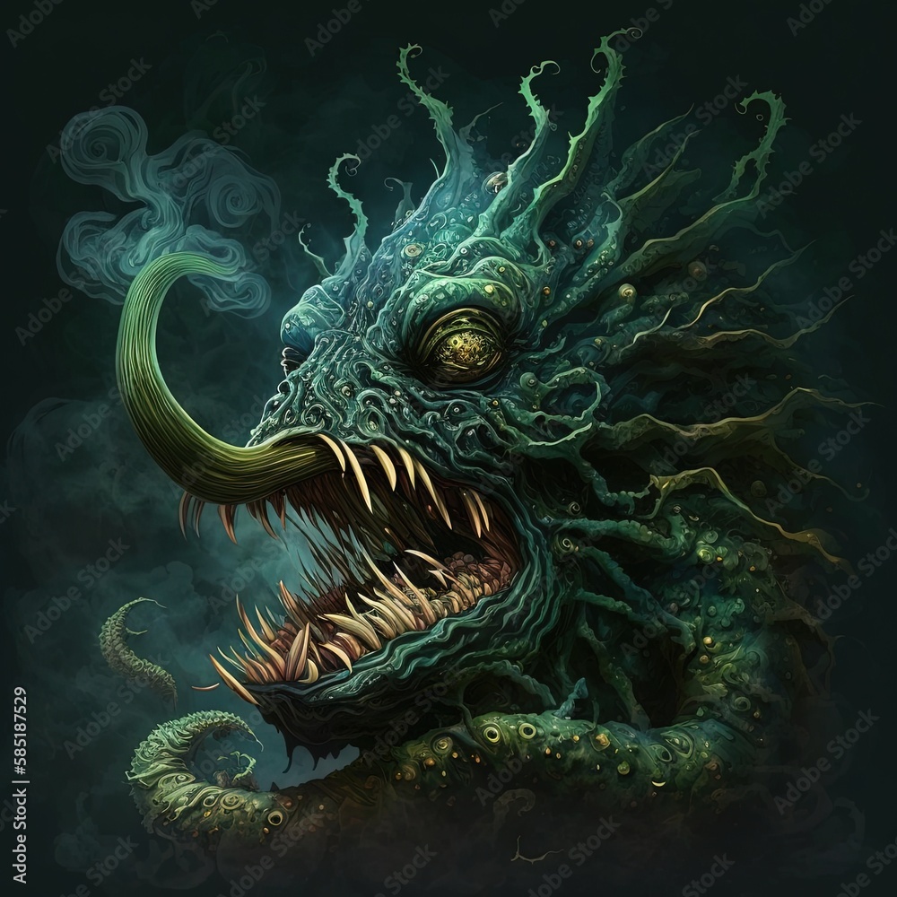Lovecraftian marijuana monster, with herbal leaves. Funny illustration ...