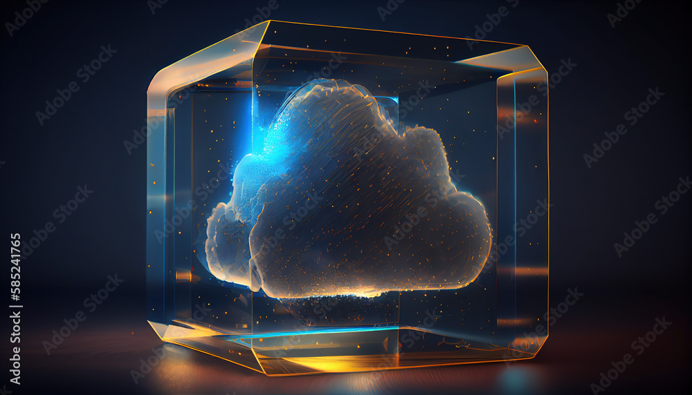 Digital informational technology web futuristic hologram with cloud icon, blue golden light ...