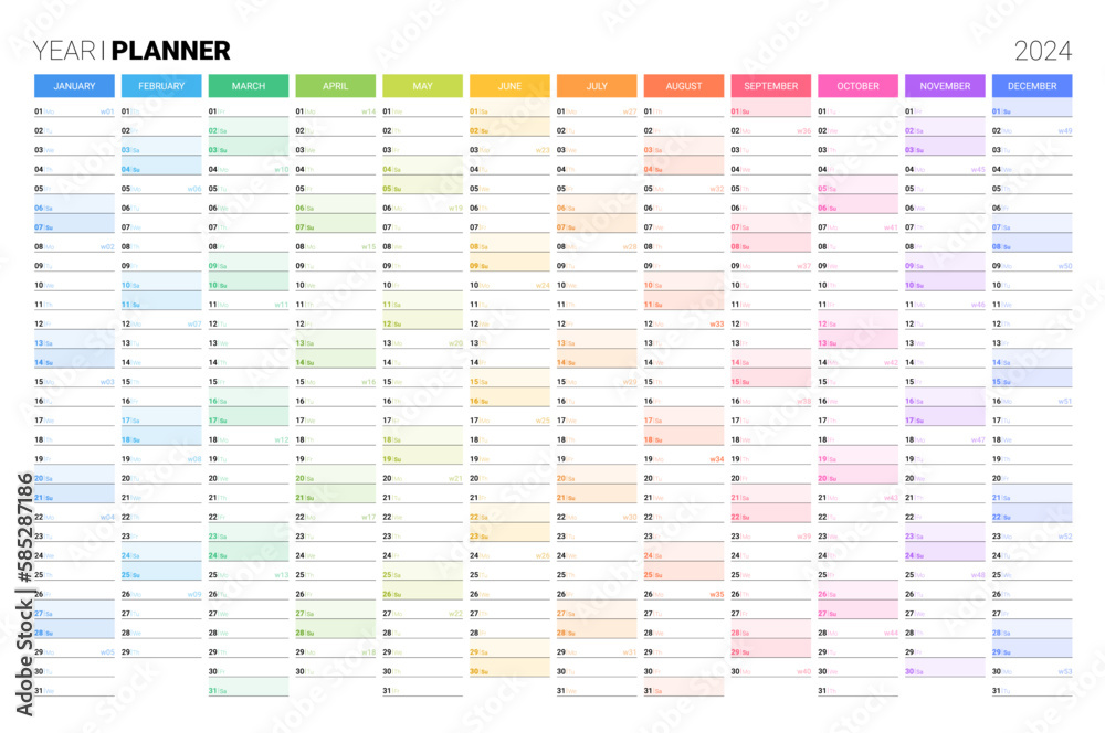 Yearly planner, calendar for 2024, colorful printable organizer ...