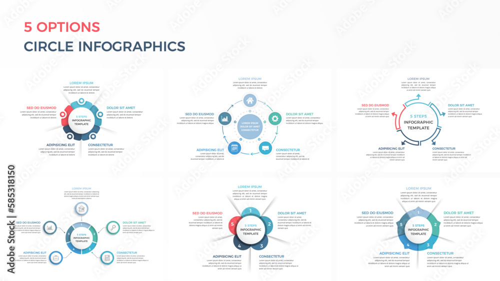 Set of circle infographic templates with five options or steps Stock ...