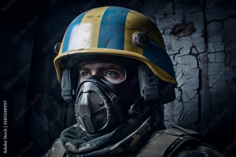 Ukrainian solder with helmet and gas mask on resting on the front lines ...