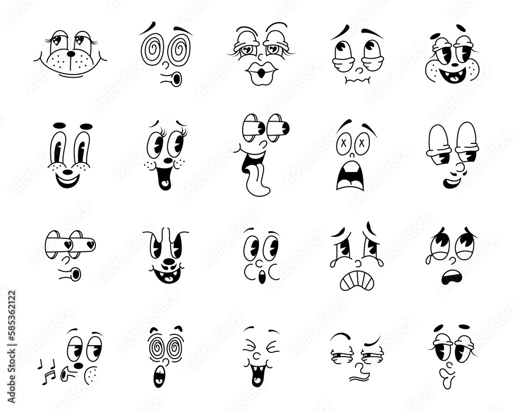 Vintage expression faces, retro characters. Happy 50s mascot eyes and ...