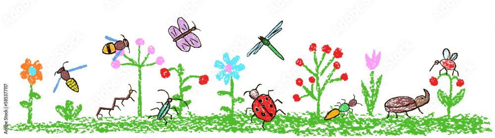 Crazy doodle insects set. Flower summer meadow. Crayon like kids hand ...