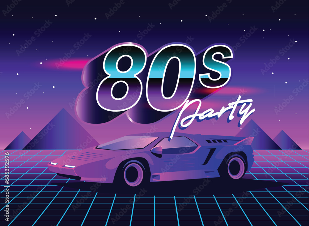Retro 80s sci-fi futuristic style background with supercar. Vector retro futuristic synth wave ...